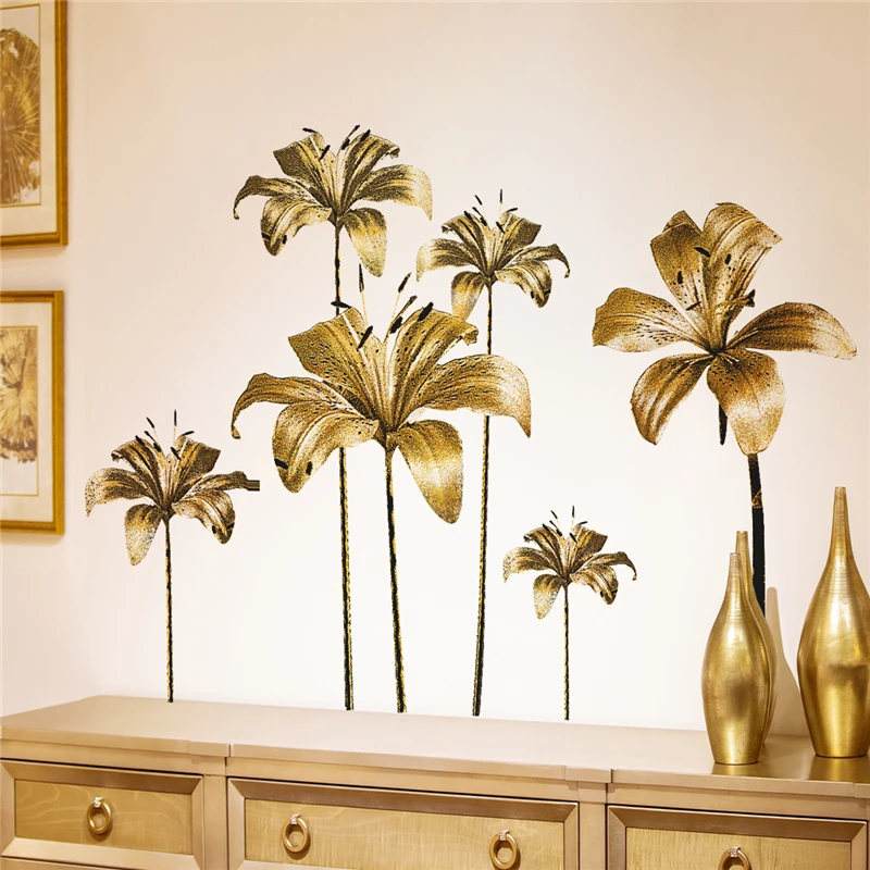 Golden Flowers Wall Stickers Decoration Living Room Bedroom Study Room ...