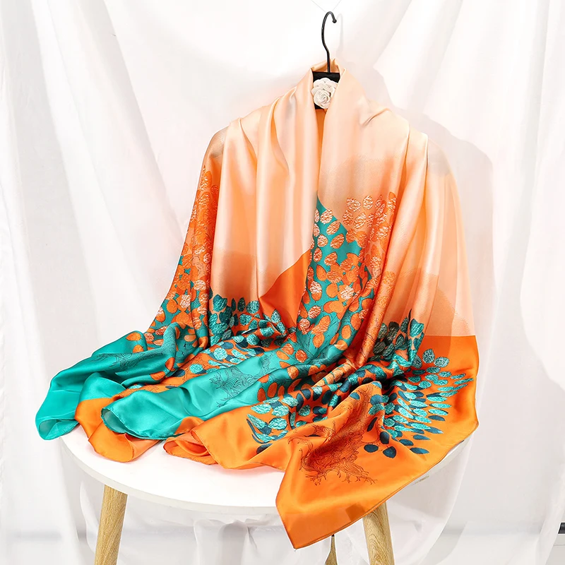 Ladies-Printed-Silk-Shawl-Brocade-Satin-Leaf-Pattern-Scarf-Big-Size ...