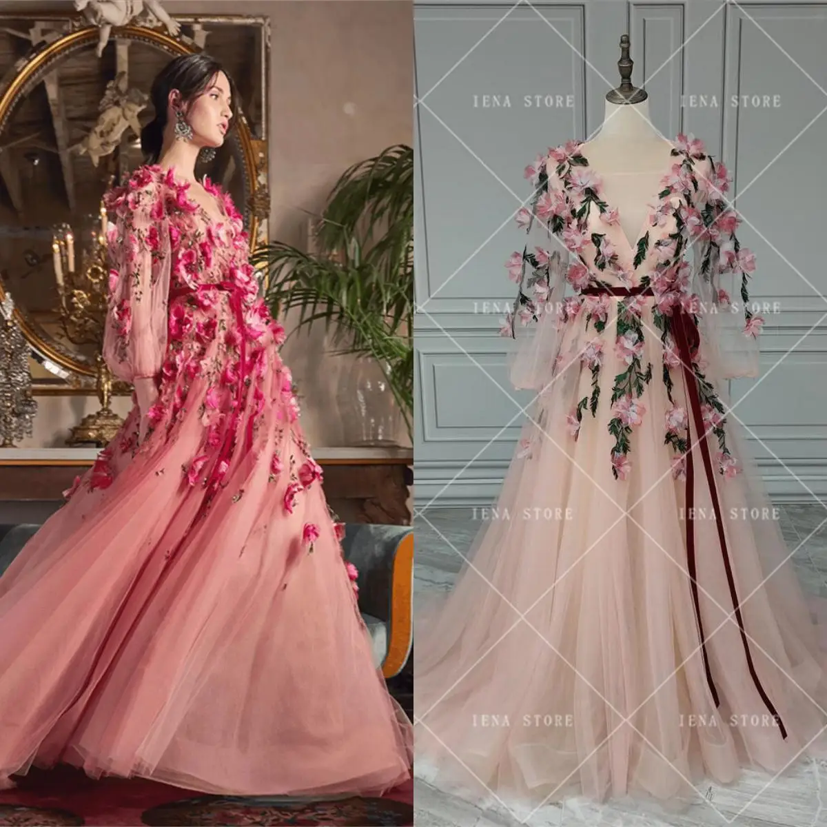 14252-Rose-Pink-Prom-Dresses-3D-Floral-Flowers-Long-Sleeves-V-Neckline ...