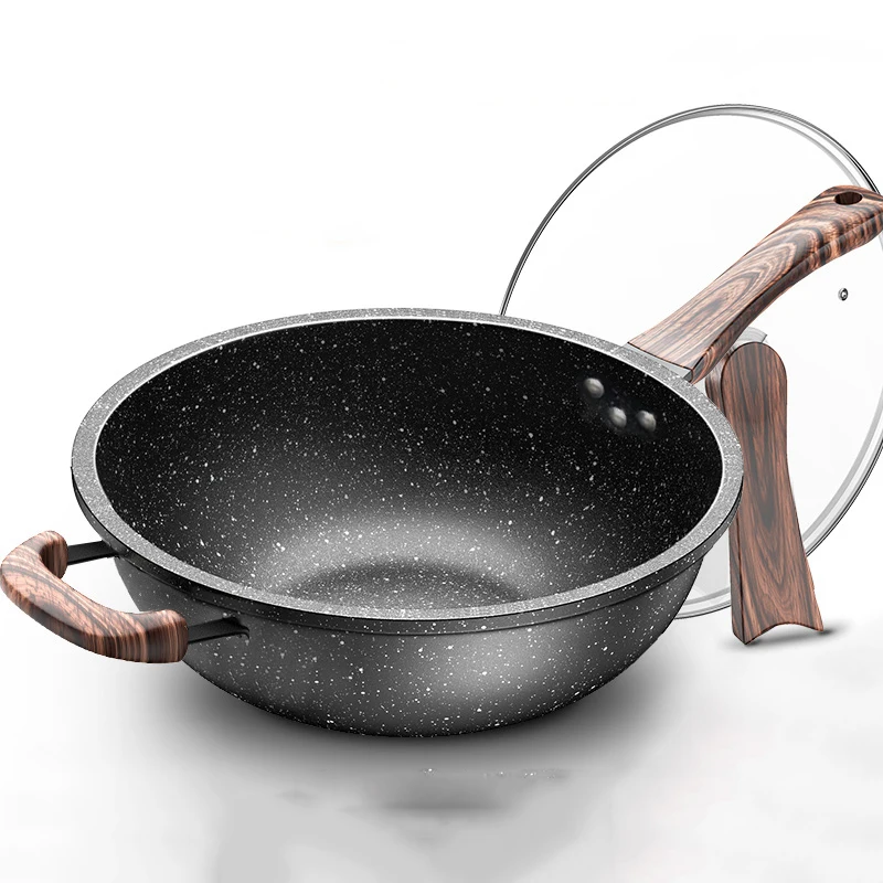 Classic-Cooking-Wok-Pans-Cast-Iron-Non-Stick-Gourmet-Support-Lid-Wok ...