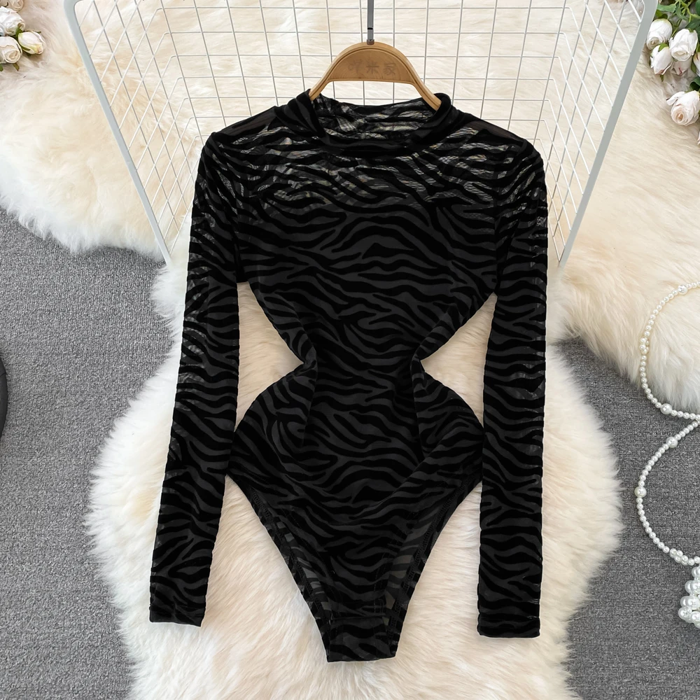 Body-Sexy-de-malla-a-rayas-para-mujer-Tops-elegantes-de-manga-larga ...