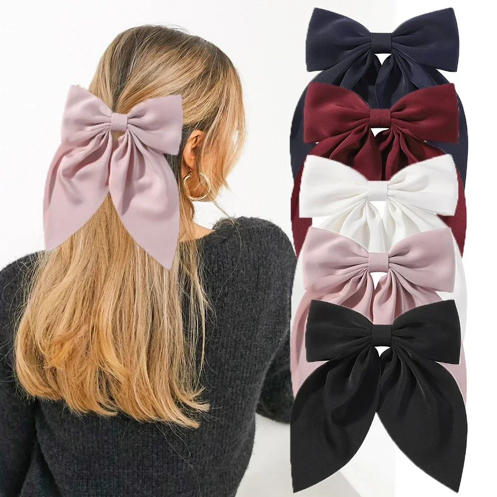 Elegant-Bow-Ribbon-Hair-Clip-Fashion-Simple-Solid-Satin-Spring-Clip ...