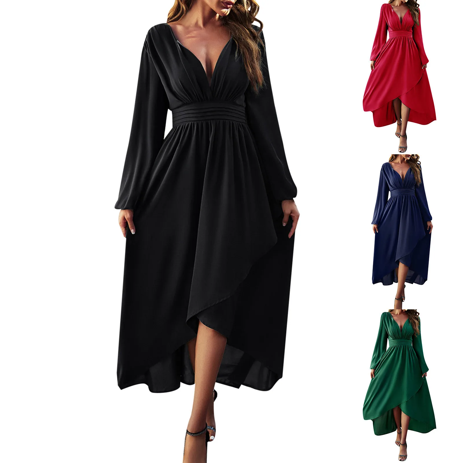 2024-Spring-Elegant-Dresses-for-Women-Solid-Color-Wrap-V-Neck-Long ...