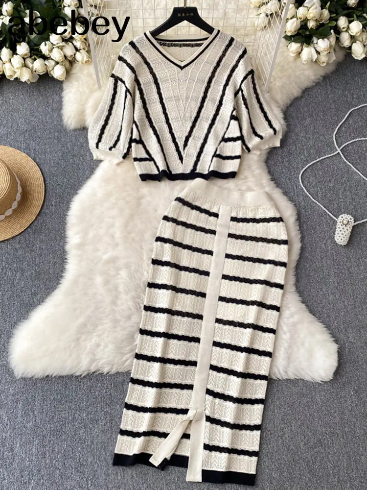 Women Gentle Knitted Suits v Neck Short Sleeves Top+Elastic Waist ...
