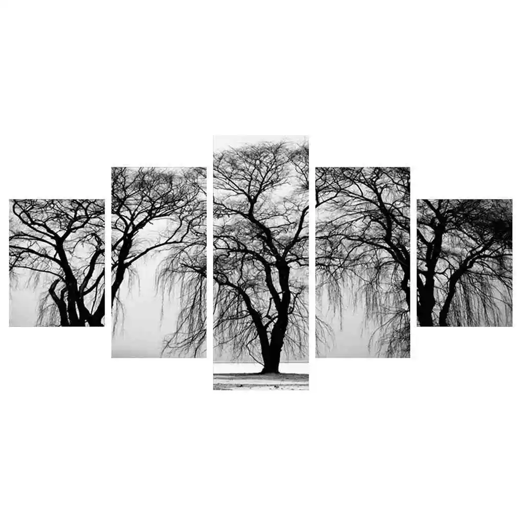5-Panels-Withered-Tree-Painting-on-Polyester-Grey-Background-Wall-Art ...