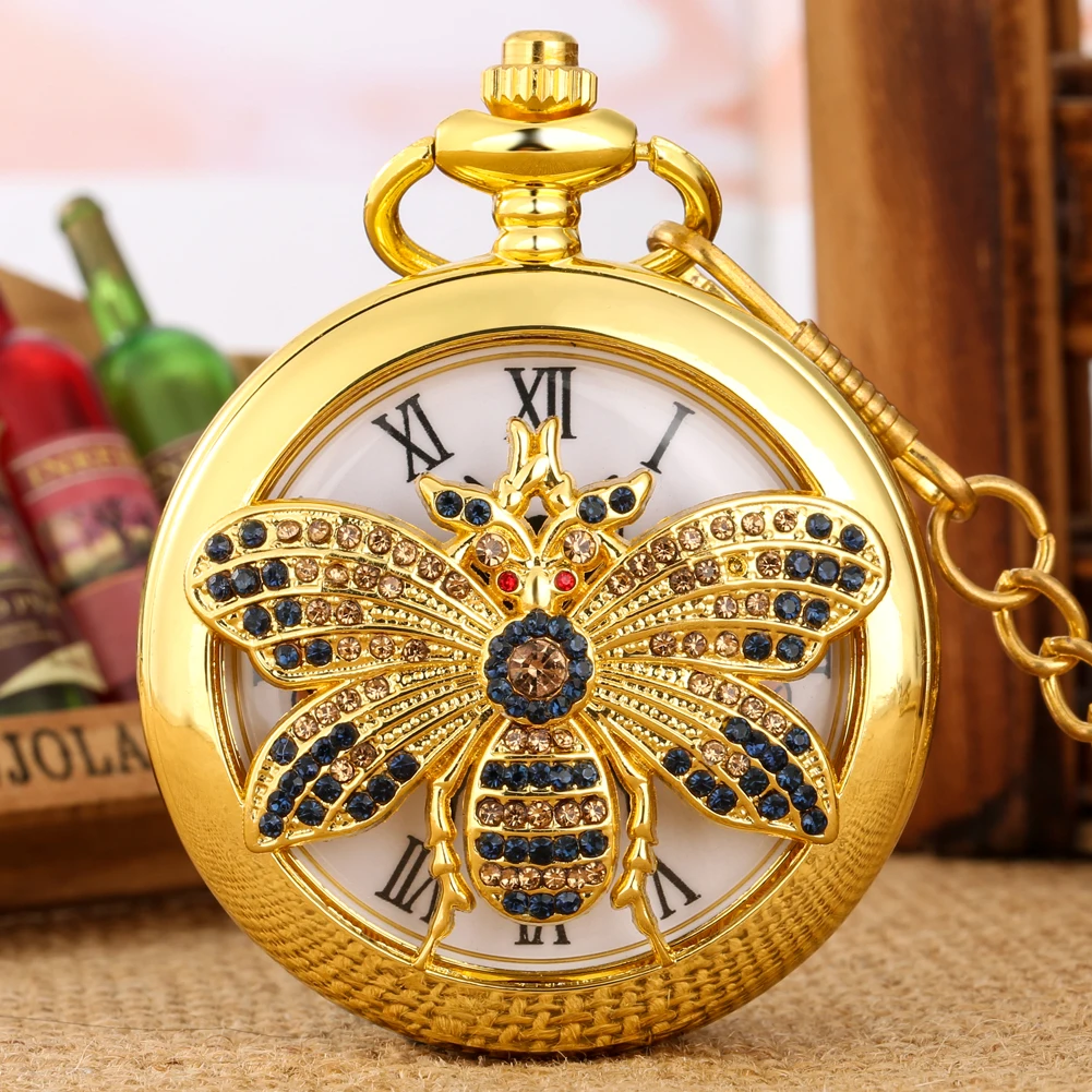 Charm Inlaid Diamond Bee Half Hunter Quartz Pocket Watch Roman Numerals ...