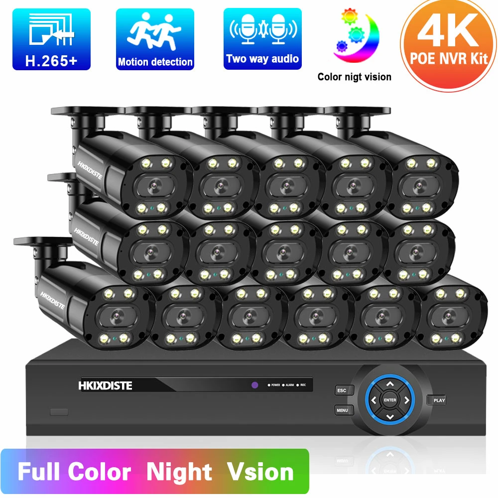 CCTV Camera Security System Kit POE 4K 16CH NVR Kit Color Night Vision IP Camera Video ...