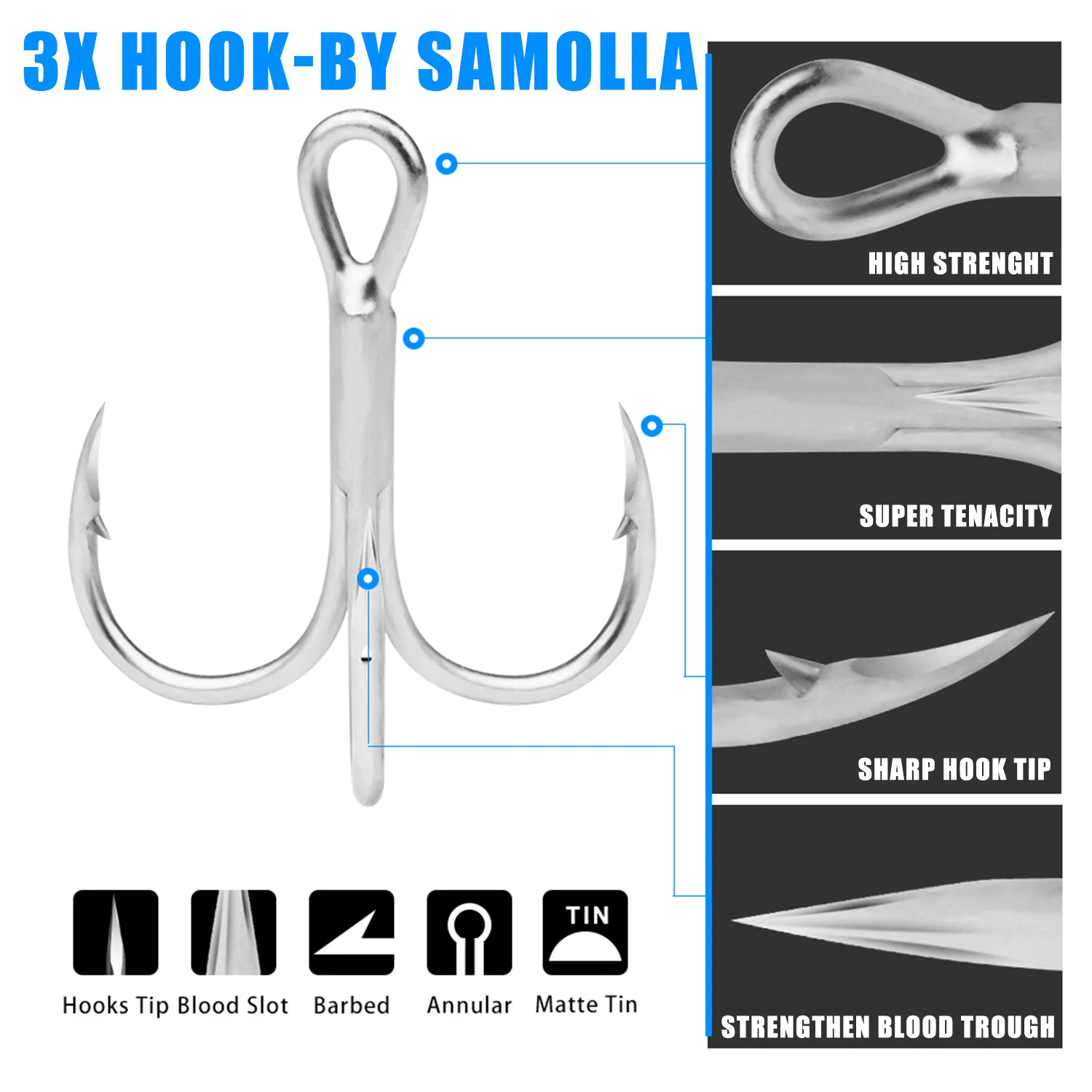 20pcs/lot 1-3/0# 3XReinforced Triple Hook Blood Groove Tinplated Rust ...