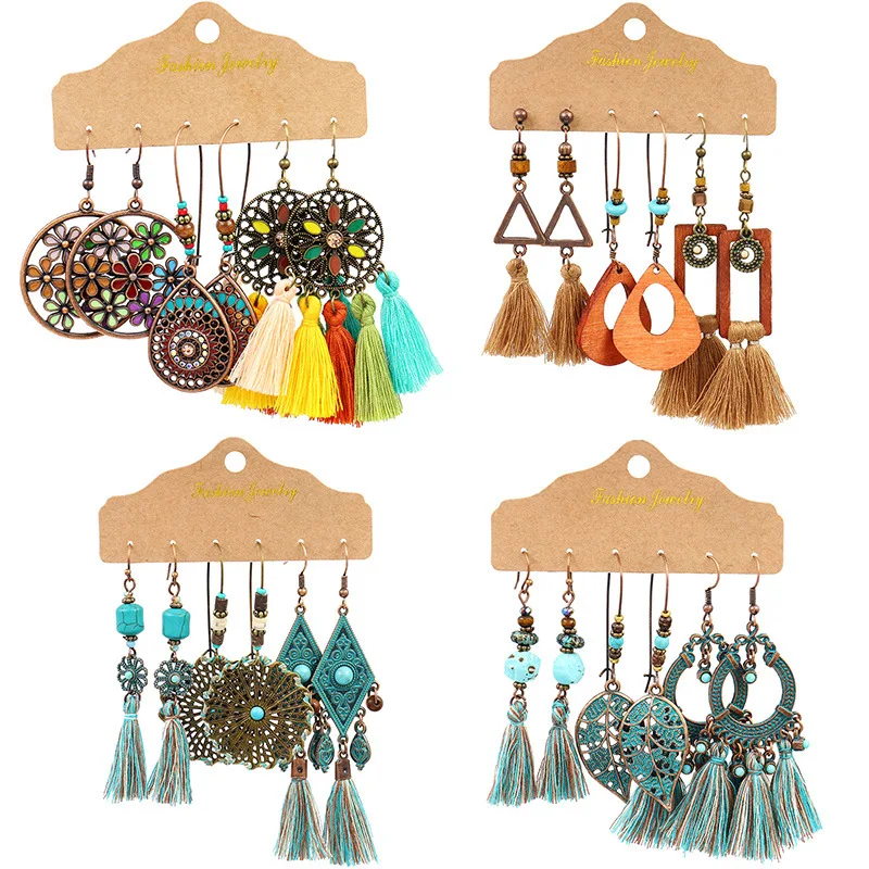 Pendientes bohemios de 3 piezas para mujer, aretes largos con flecos ...