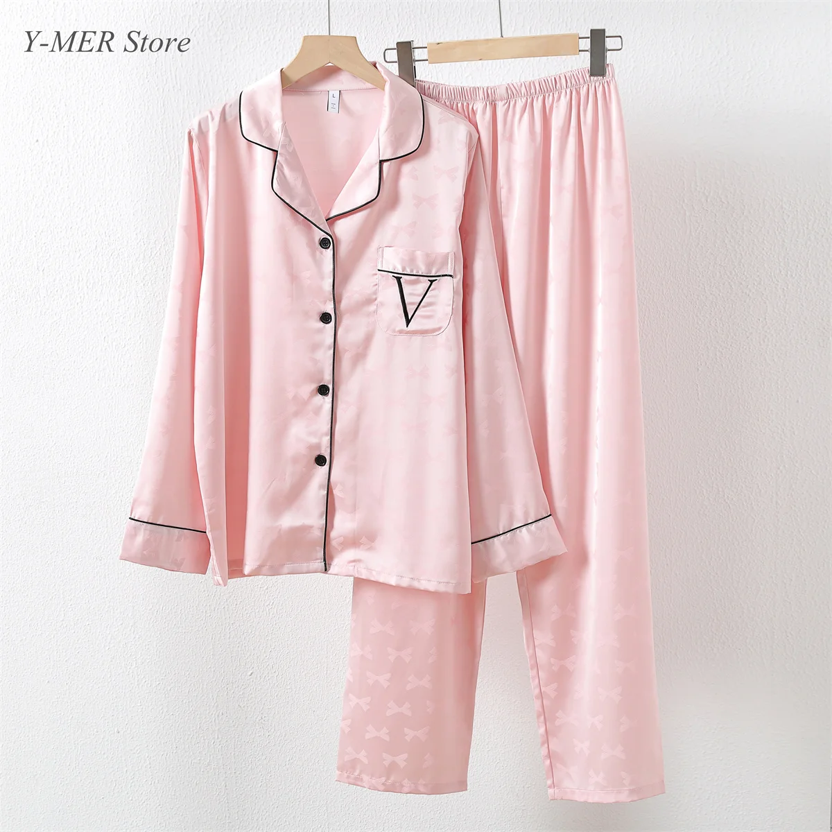 Pink-Pajamas-Set-Bow-Print-2Piece-Set-Women-Rayon-Homewear-Long-Sleeve ...