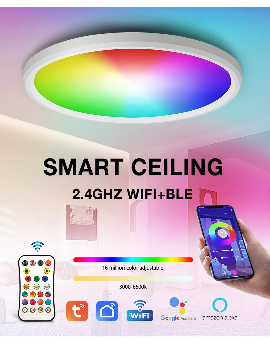 Tuya WiFi Smart LED Ceiling Light RGBCW Warm White Dimmable Ceiling ...