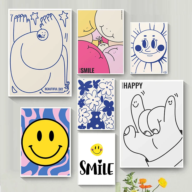 Bohemian Minimalist Smile Cartoon Art Poster Canvas Hotel Homestay ...