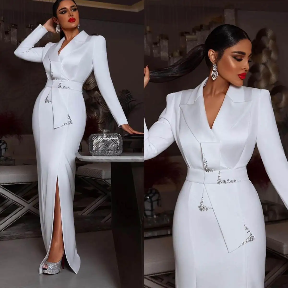 White-Women-Blazer-Dress-Plus-Size-Slim-Jacket-With-Belt-Prom-Evening ...