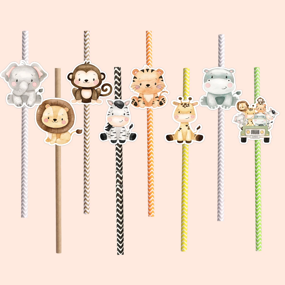 16Pcs Carton Animal Straws Eco Paper Drinking Straws for Kids Jungle ...
