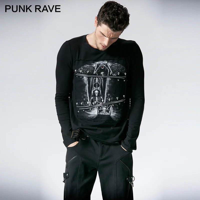 PUNK RAVE Men's Fashion Rock Casual Black 3D Printing Skull Cotton ...