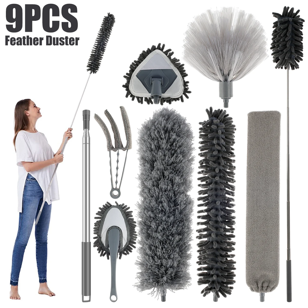 9Pcs-Microfiber-Feather-Duster-Brush-Set-Extendable-Telescoping-Pole ...