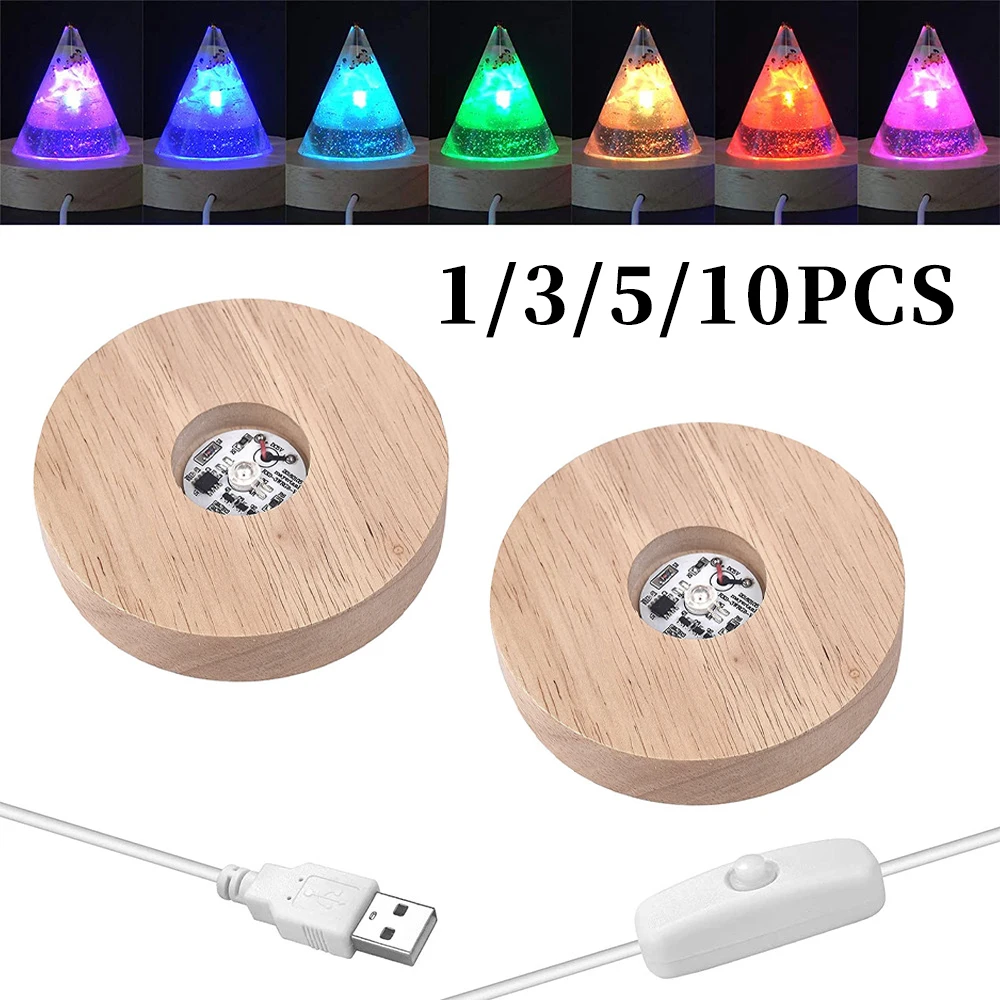 Wood Crystal Orgonite Pyramid LED Night Light Natural Stone Base Remote ...