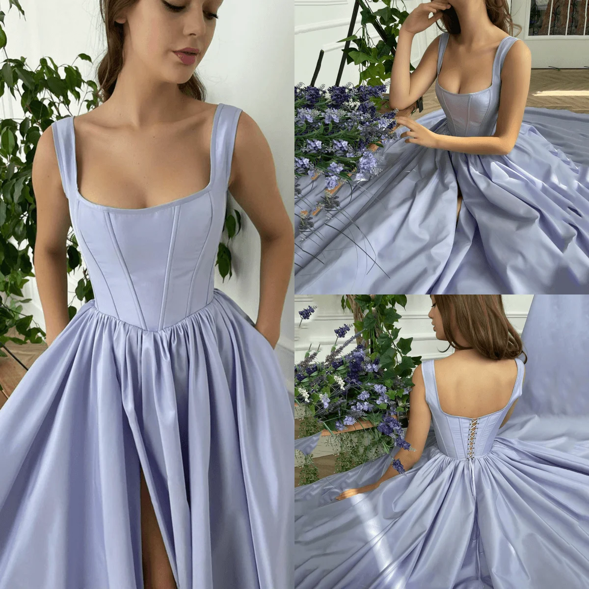 Ienda-Chic-Roxo-A-Line-Long-Satin-Prom-Dress-com-Bolsos-Gola-Quadrada ...