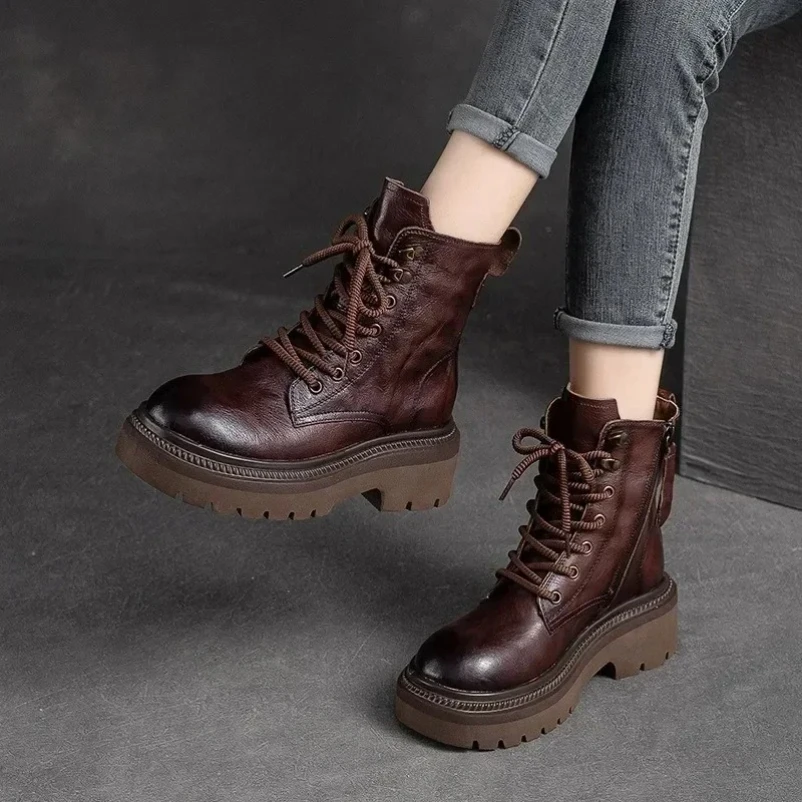 2025 Cow Leather Quality Women Shoes Autumn Winter Square Med Heel ...
