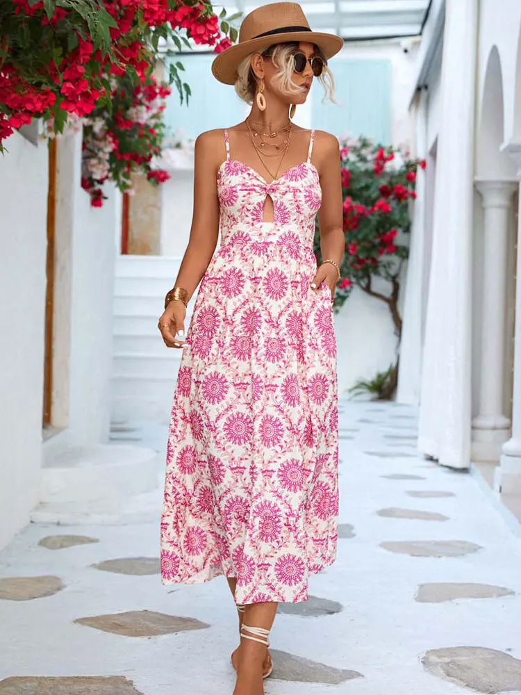 Women Bohemian Floral V Neck Flower Print Maxi Dress