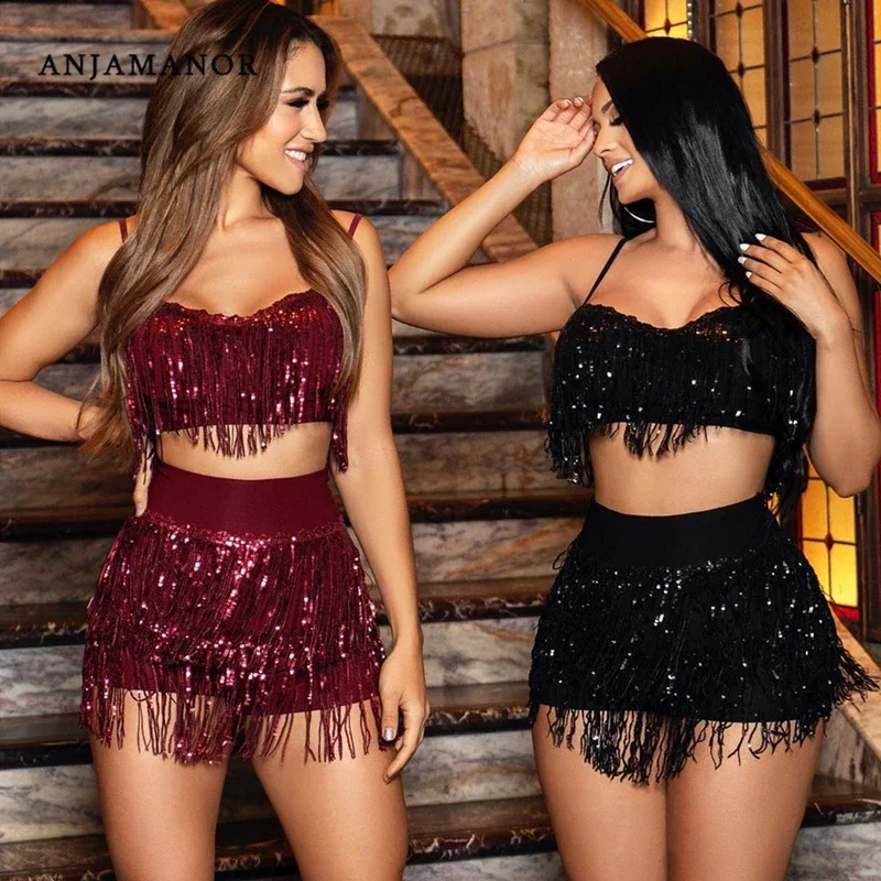 Anjamanor Sexy Club Two Piece Set Sequin Fringe Glitter Beach Party