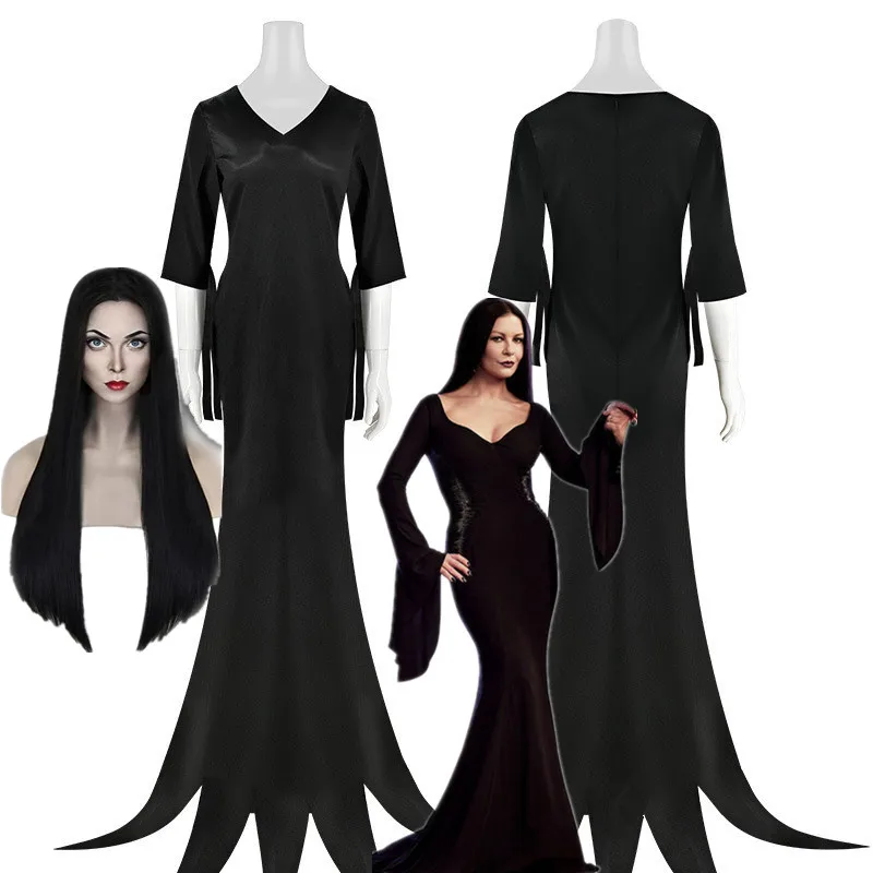 Addams-disfraz-de-Cosplay-de-Morticia-familiar-para-mujer-peluca-negra ...