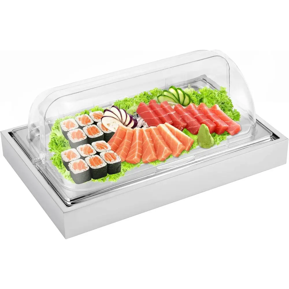 Food Serving Display Tray with Clear Roll Top Cover Buffet Cold Serving ...