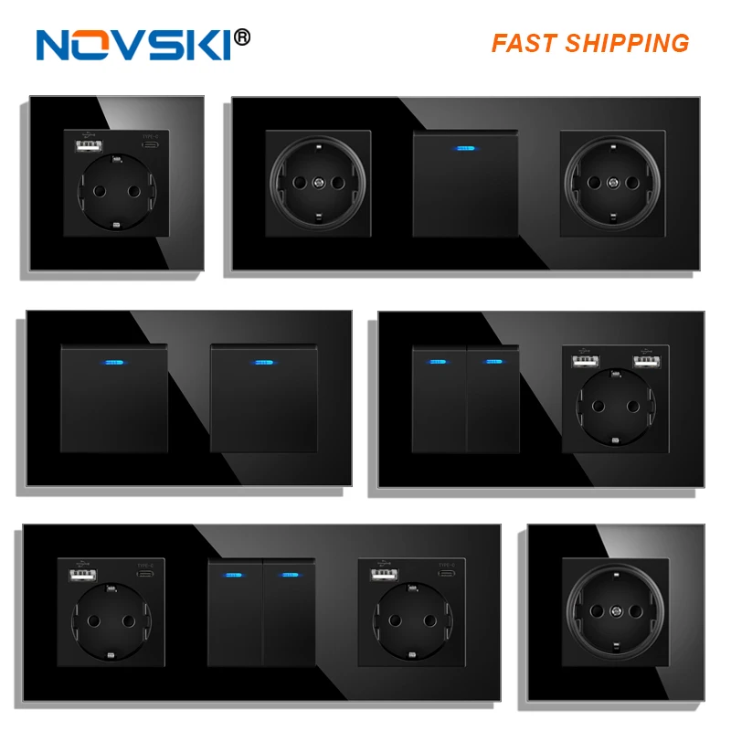 NOVSKI-EU-power-socket-plug-with-2-1a-16A-USB-charging-port-glass-panel ...