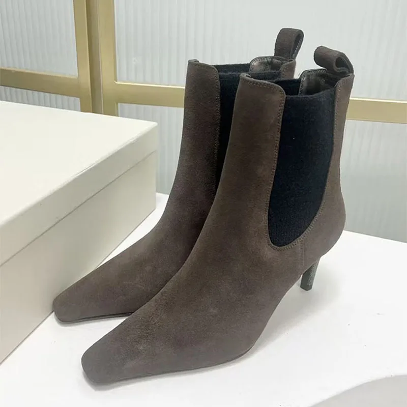 Sexy High Heels Short Boots Woman Square Toe Slip-On String Bead Chain ...