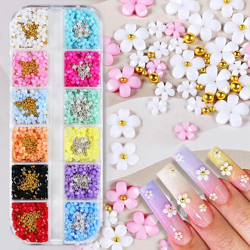 12 Grids 3D Colorful Acrylic Flower Nail Parts Decoration Mixed Steel ...