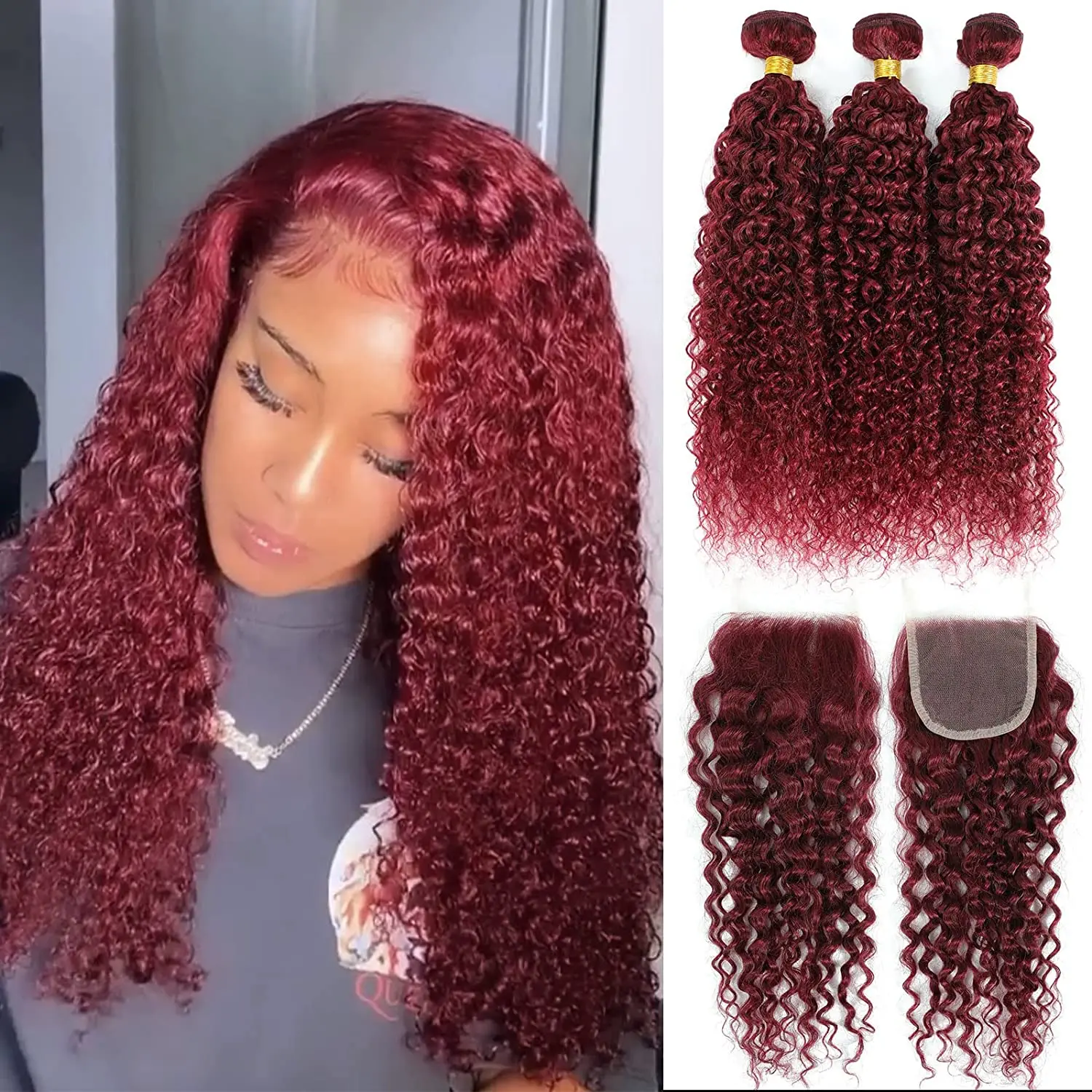 Red Burgundy 99J Curly Human Hair Bundles With Closure HD Lace Closure ...