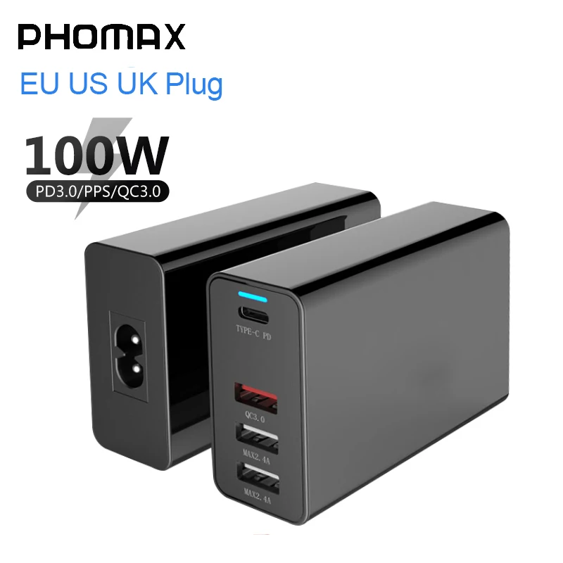 PHOMAX 4 포트 100W Gan 충전기, USB C 고속 벽 여행용 충전기, EU, US, UK 플러그, 노트북 스마트폰 ...