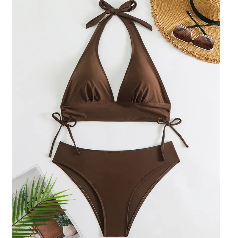 Sexy Brown Halter Bikini 2025 Women Swimsuit Female Swimwear Thong ...