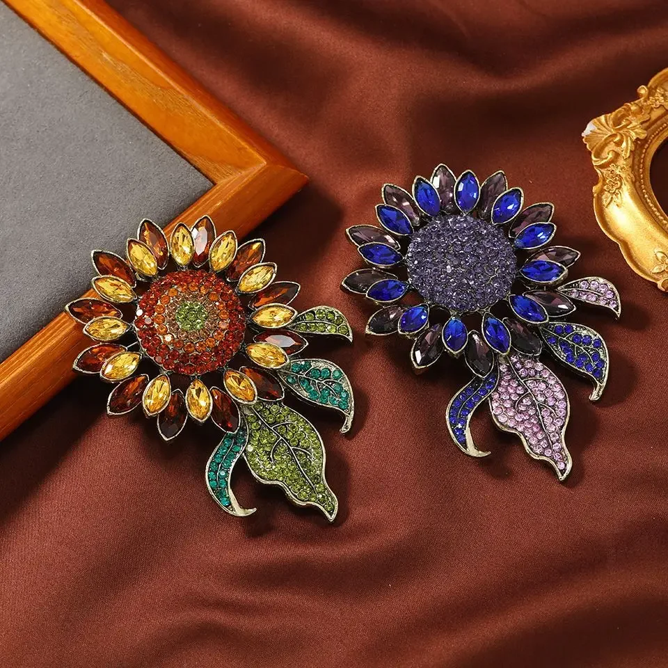 Vintage Full Diamond Heavy Duty Sunflower Chest Pin Exaggerated Large ...