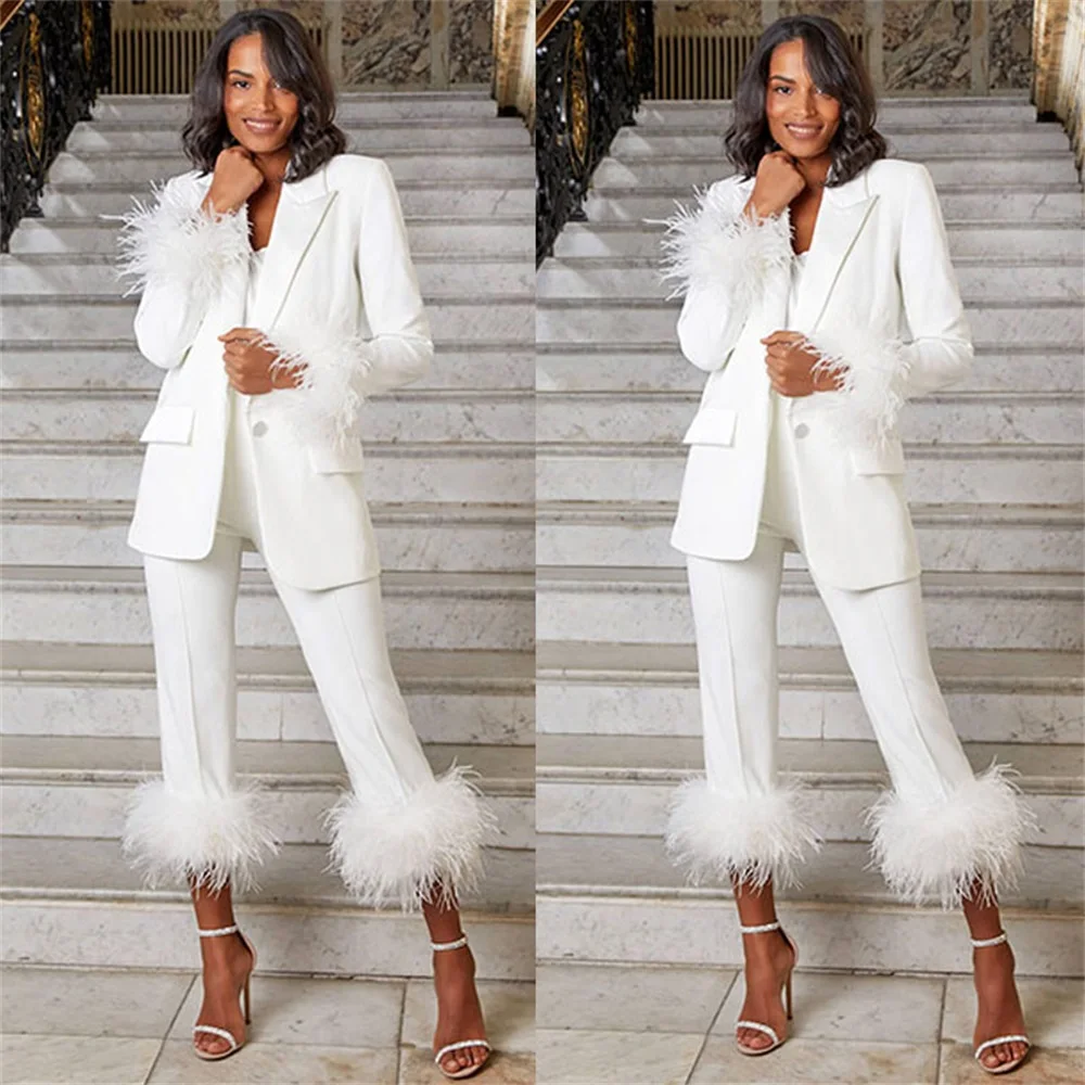 Ostrich-Feather-Women-Suits-Blazer-Pants-One-Button-Peaked-Lapel-Solid ...