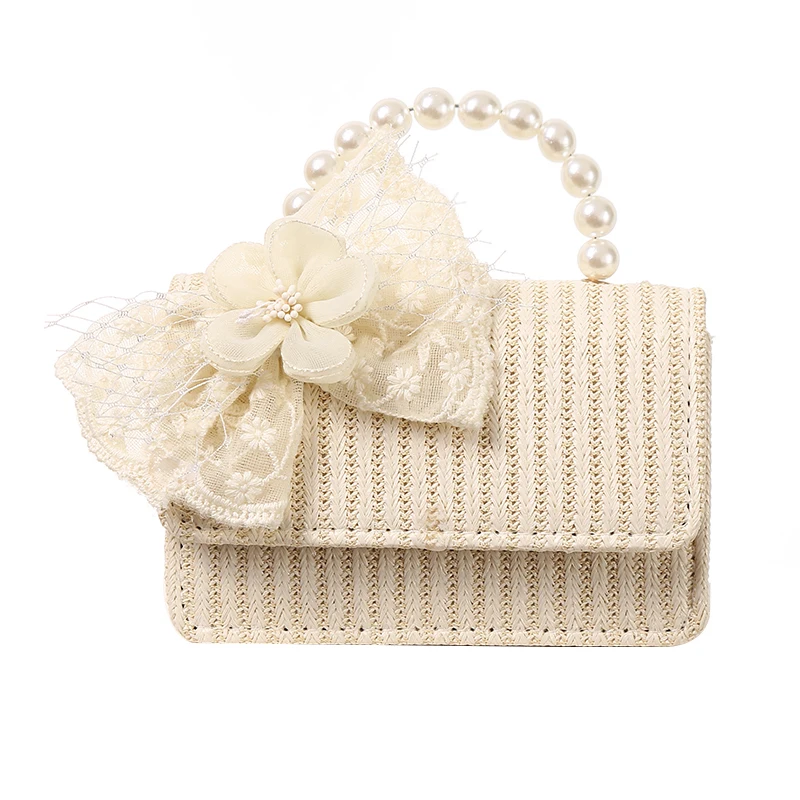 New-Children-Girls-Shoulder-Bag-Pearl-Bow-Flower-Straw-Bag-Messenger ...