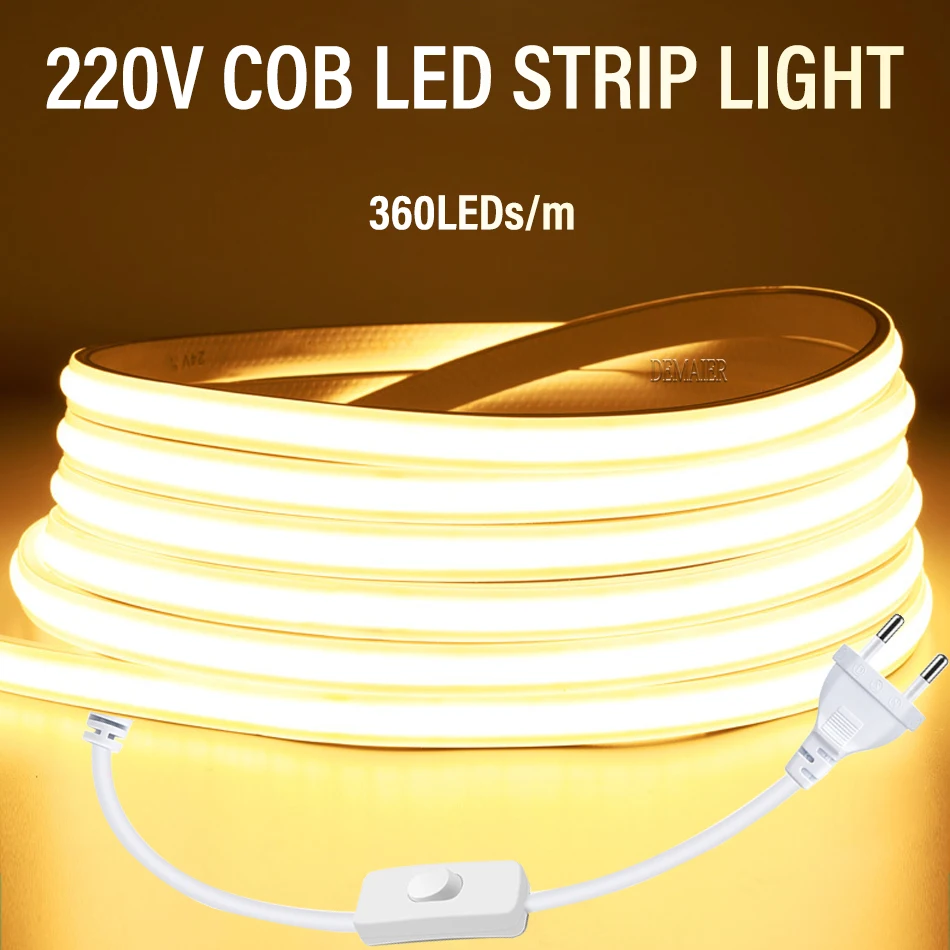 COB LED Strip Light 360leds/M 220V EU Plug RA 90 warm white 3000K 4000K ...