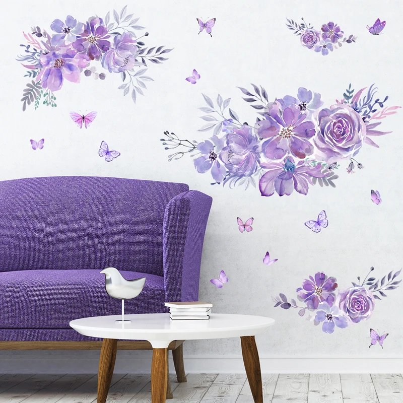 Creative-Wall-Stickers-Purple-Plant-Flowers-Butterfly-Living-Room ...
