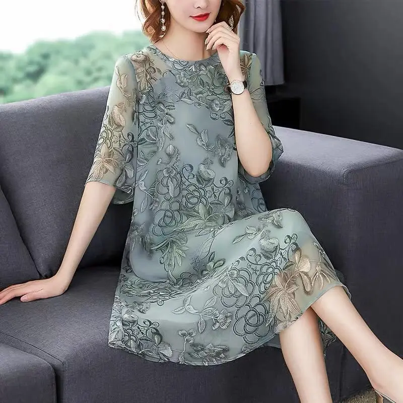 Elegant-O-Neck-Solid-Color-Spliced-Loose-Embroidery-Midi-Dress-Women-s ...