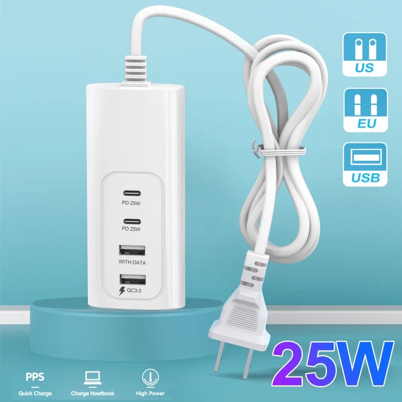 USB Power Strip Charger Station Splitter 5V4A USB TYPE C 2.0 PD 25w Fast Charger Phone Charging ...