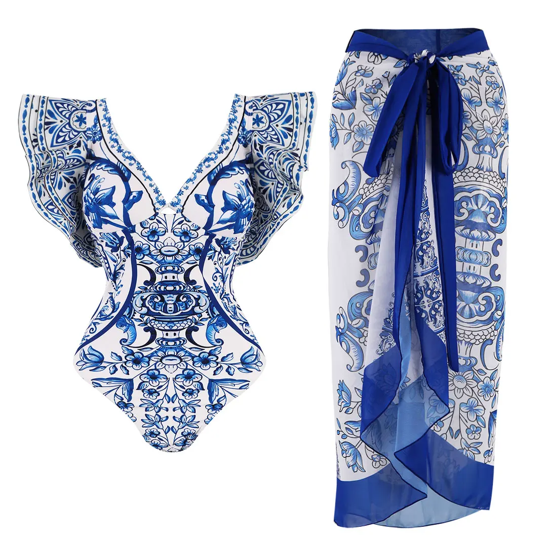 SEAURAL 2024 New Ruffles Print Retro Plus Size Two Piece Swimwear Push ...