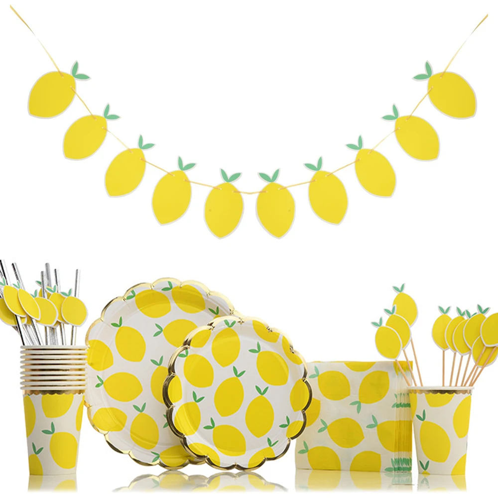 1set-Lemon-Themed-Disposable-Tableware-Paper-Straw-Cups-Banner-for ...
