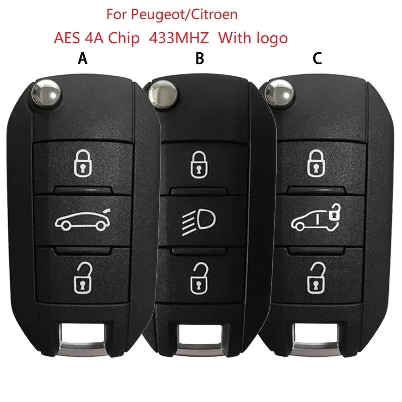 3 Button 433 MHz For Peugeot flip key 4A Chip 3008 Expert 2017 2019 ...