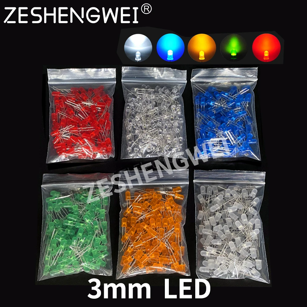 100pcs-3mm-LED-Diode-F3-Assorted-Kit-White-Green-Red-Blue-Yellow-Orange ...