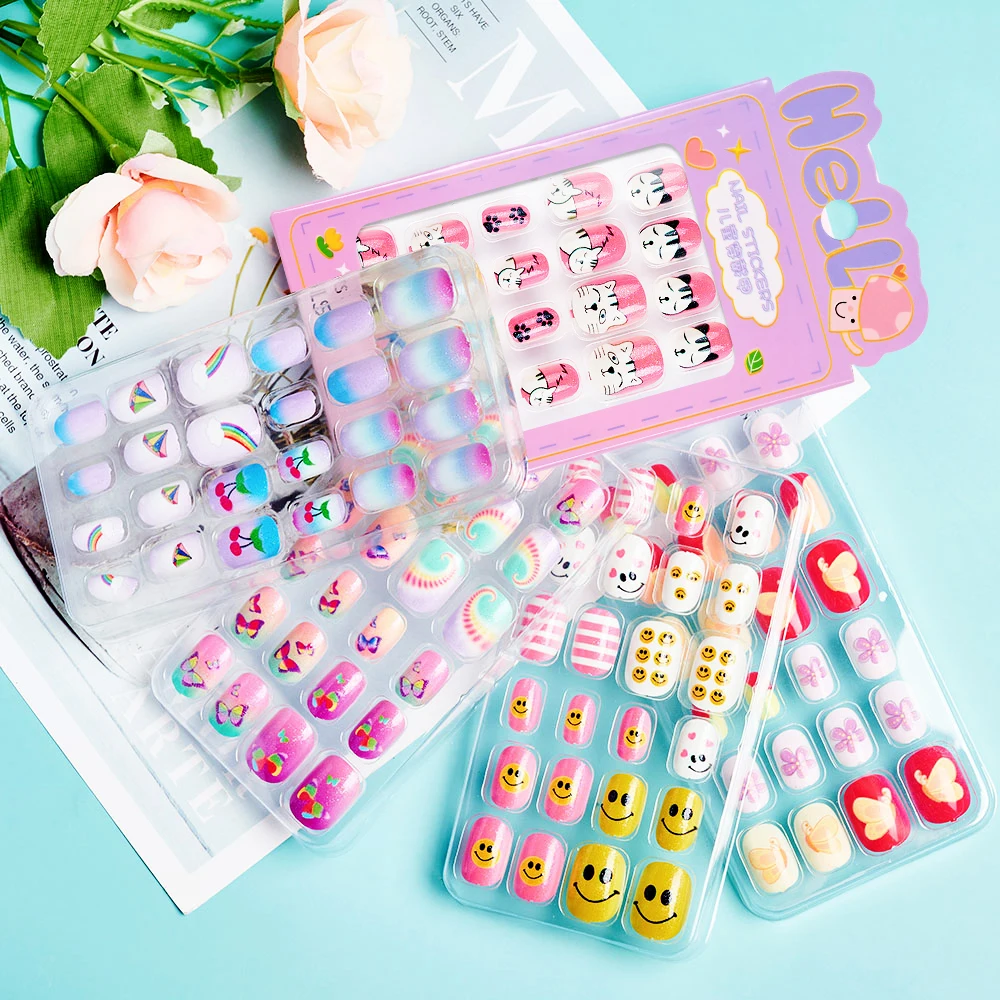 24Pcs-Kids-False-Nails-Girls-Cartoon-Press-on-Fake-Nails-Cute-Pre-Glue ...