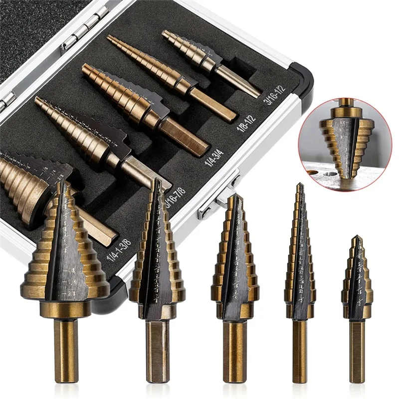HSS-4241-Cobalt-Step-Drill-Bit-Set-Metal-Drilling-Hole-Tools-5Pcs-Cone ...