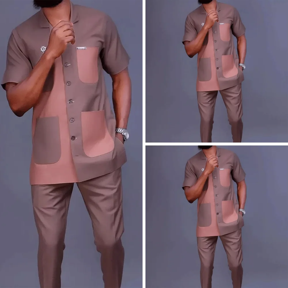 African Men's Men's Clothing Two-piece Set Short Sleeve Solid Color ...