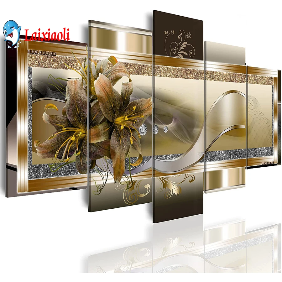 5 pcs Gold Lily flower diy diamond paintings full rhinestone embroidery ...