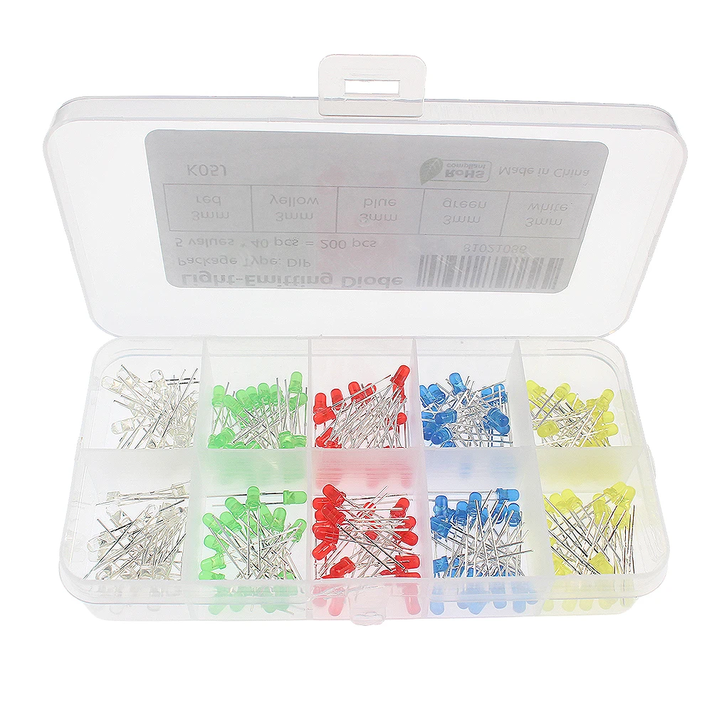 200PCS 3MM Lights Emitting Diode 5 Colors LED Diodes Assortment Set ...
