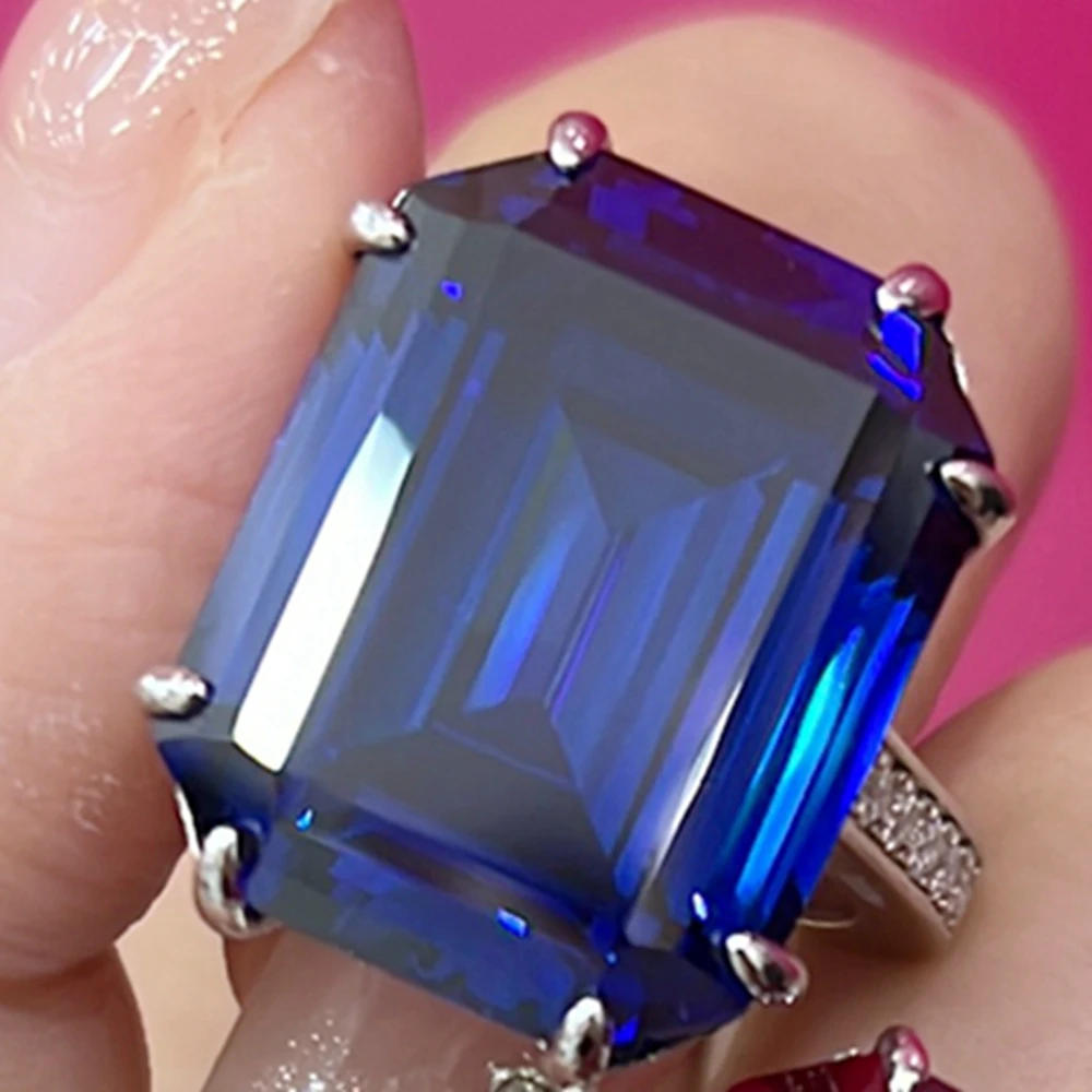 ARIGAYA-S925-Sterling-Silver-Large-Rectangle-Created-Sapphire-Tanzanite-Ruby-Gemstone-Rings-With ...